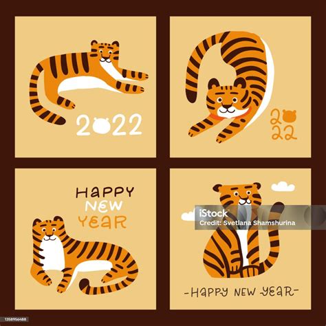 2022년 중국 새해 복 많이 받으세요 를 위한 재미있는 호랑이 캐릭터가 있는 배너 나 카드 세트 호랑이의 해를 위한 컨셉 글자