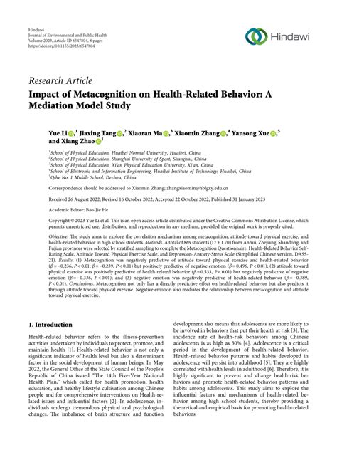 pdf impact of metacognition on health related behavior a mediation