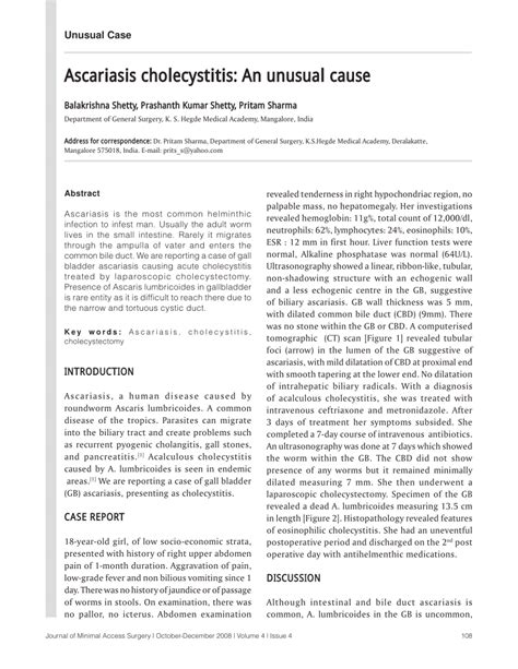 Pdf Ascariasis Cholecystitis An Unusual Cause
