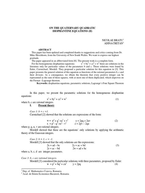 On Quaternary Quadratic Diophantine Equations Pdf Pdf Integer