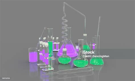 회색 배경에 고립 된 녹색과 분홍색 액체가있는 실험실 테스트 튜브 및 기타 과학 용 유리 제품 대학 개념 개체의 3d 그림 3