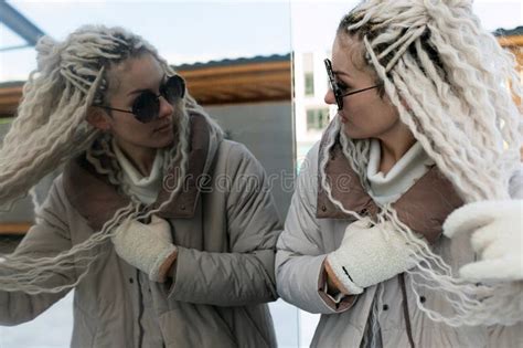 Woman With Long White Dreadlocks Looking In Mirror Stock Image Image