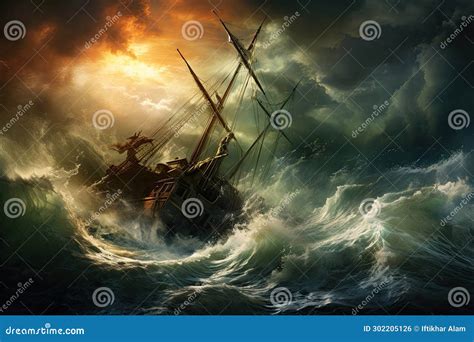 Pirate Ship In Stormy Sea 3d Render Illustration Ai Generated Stock
