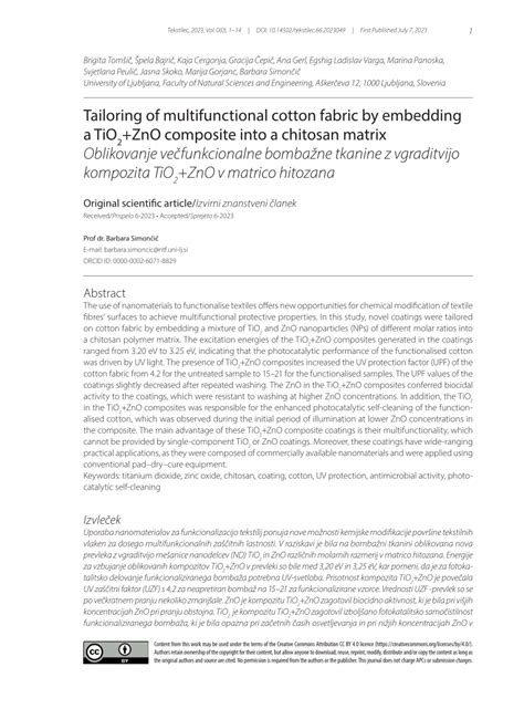 Pdf Tailoring Of Multifunctional Cotton Fabric By Embedding A Tio2zno Composite Into A