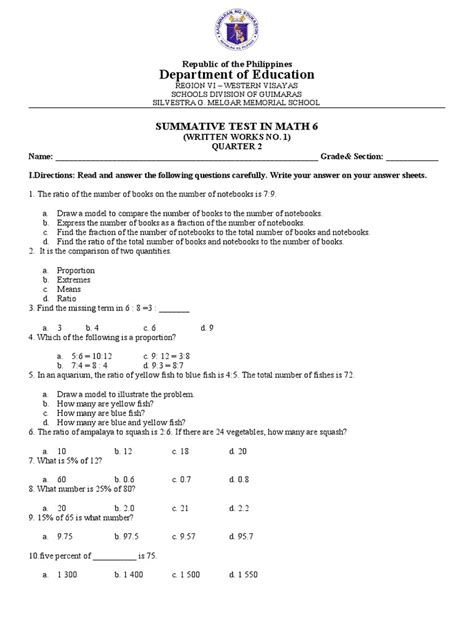 Math 6 Q2 Summative Test Pdf Subtraction Mathematical Objects