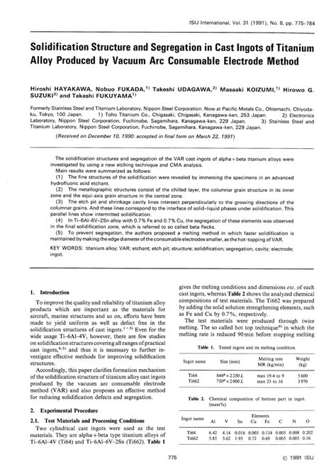 Pdf Solidification Structure And Segregation In Cast Ingots Of Titanium Alloy Produced By