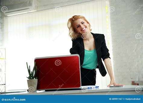 Smiling Woman Leaning On The Table Stock Image Image Of Elegant