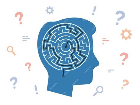 생각하고 해결책을 찾는 남자 미로가 있는 인간의 머리 문제를 해결하는 사람들 남성 검색 결정 답변을 찾는 사람 경로가 있는 미로 질문 기호 벡터 개념 프리미엄 벡터