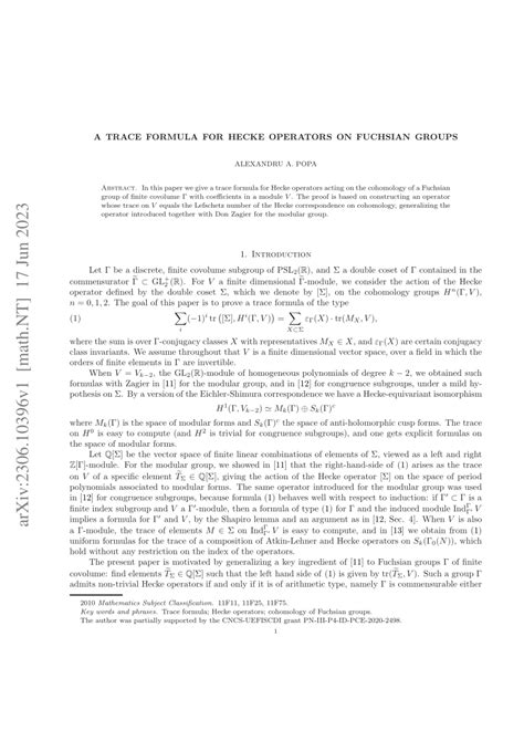 Pdf A Trace Formula For Hecke Operators On Fuchsian Groups