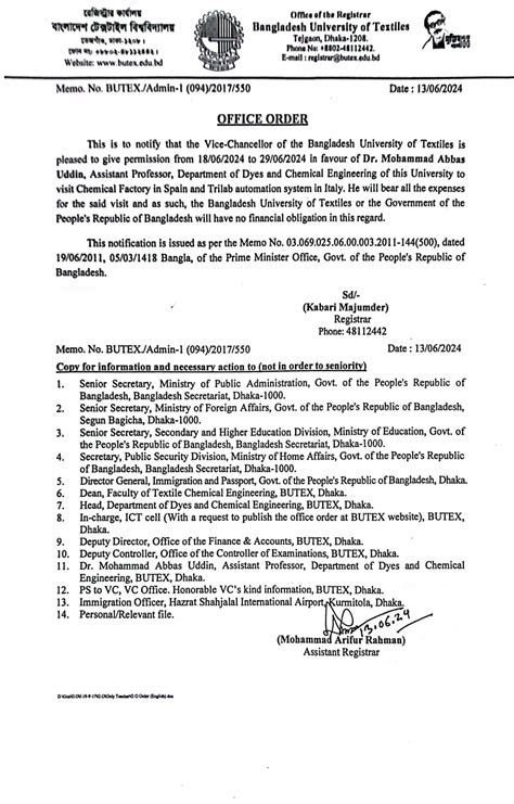 Office Order Dr Mohammad Abbas Uddin Assistant Professor Dodce Butex
