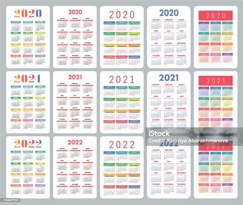 포켓 캘린더 2020 2021 2022 년 큰 영어 컬렉션입니다 화려한 벡터 세트입니다 주일은 일요일에 시작 됩니다 수직 디자인