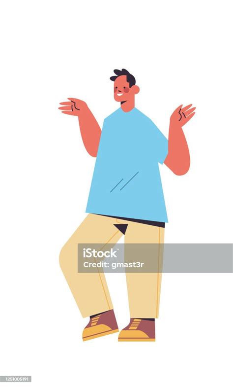 귀여운 남자 와 손을 위로 웃는 남자 에 캐주얼 트렌디 한 옷 남성 만화 캐릭터 서 포즈 가공의 인물에 대한 스톡 벡터 아트 및