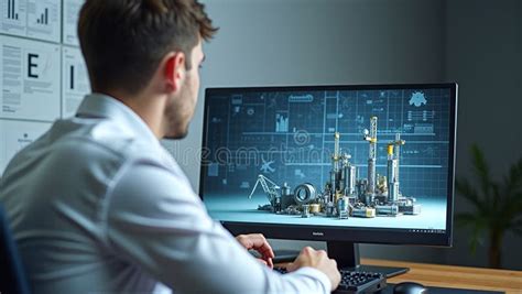 Engineer Designs Virtual Components On A Monitor Surrounded By Tech