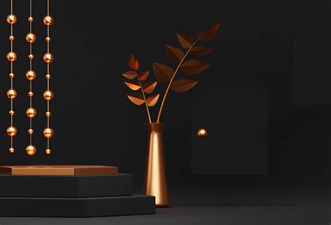 제품 프리젠 테이션을위한 3d 배경 연단인테리어 빈 제품은 공과 꽃병으로 검은 색과 황금색을 서 있습니다 광고 장소 0명에 대한 스톡 사진 및 기타 이미지 Istock