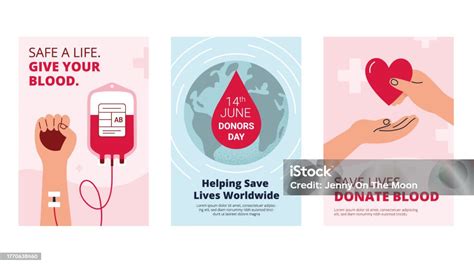 헌혈 개념 헌혈을 하고 생명을 구하고 사람들을 돕는다 세계 헌혈자의 날 다양한 삽화가 있는 벡터 포스터 템플릿입니다 헌혈에 대한