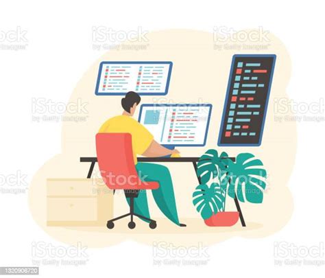 직장에서 프로그래머 남성 문자는 컴퓨터에 대한 소프트웨어를 작성 플랫 디자인에 대한 스톡 벡터 아트 및 기타 이미지 플랫