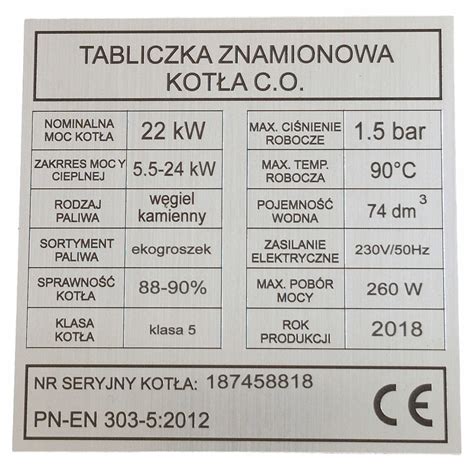 Tabliczka Znamionowa Na Piec Kocioł Grzewczy Drewno Węgiel GRAWER