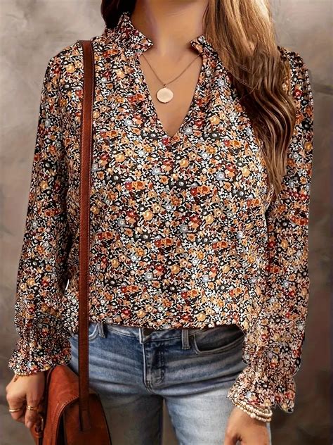 Women S Casual Top Plus Size Allover Ditsy Print Lantern Temu Philippines
