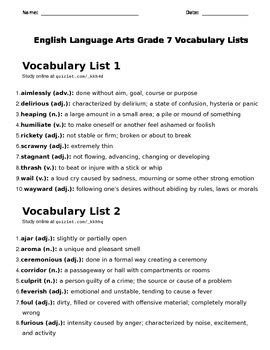 7th Grade Vocabulary Words Worksheets