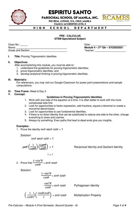 Pre Cal Module 4 Practice Material For Math Pre Calculus Stem