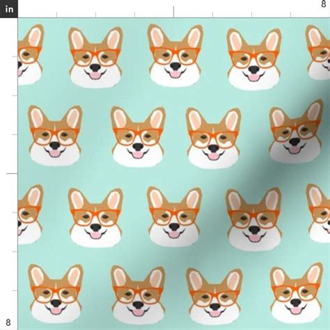 Corgi Fabric Corgi Glasses Mint And Orange Nerd Corgi Etsy