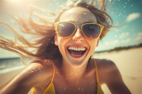 Premium Ai Image A Happy Woman On The Beach Smiling Out Loud Ai Generated