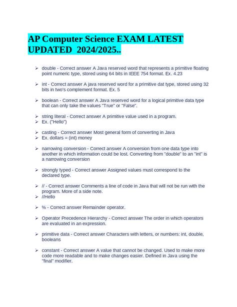 Ap Computer Science Exam Latest Updated 20242025 Exams Computer Science Docsity