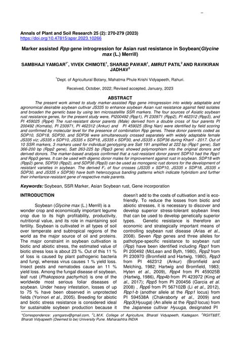 Pdf Marker Assisted Rpp Gene Introgression For Asian Rust Resistance In Soybeanglycine Max L