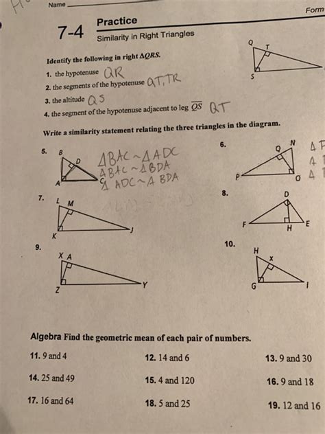 Solved Name Form 7 4 Practice Similarity In Right