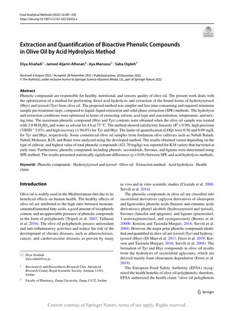 Extraction And Quantification Of Bioactive Phenolic Compounds In Olive Oil By Acid Hydrolysis