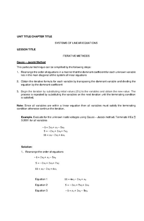 Iterative Methods Unit Titlechapter Title Systems Of Linear Equations Lesson Title Iterative