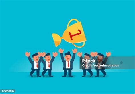 비즈니스 팀은 공중에서 트로피를 던지고 성공과 승리를 축하합니다 1위에 대한 스톡 벡터 아트 및 기타 이미지 1위 개념