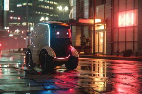 Autonomous Delivery Vehicle Navigating City Streets At Night Premium