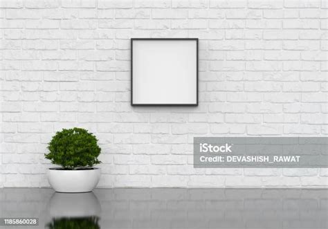 내부 포스터 는 흰색 벽 배경에 꽃병에 사각형 프레임과 식물 3d 일러스트로 조롱 액자에 대한 스톡 사진 및 기타 이미지
