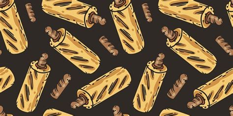 라벨 또는 배너를 위한 프렌치 핫도그가 있는 매끄러운 패턴 패스트 푸드를위한 케첩과 겨자를 곁들인 롤빵에 소시지 길거리 음식의 디자인을 위한 벡터 핫도그 가공육에 대한 스톡