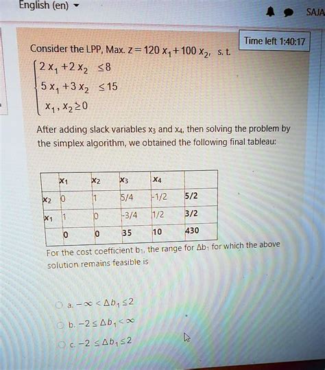 Solved Saja Time Left 14017 Consider The Lpp Max Z 120x1 100x2 Subject To 2x1 2x2