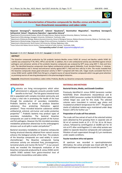 Pdf Isolation And Characterization Of Bioactive Compounds From Bacillus Cereus And Bacillus