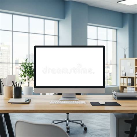 Modern Office Interior With A Wooden Desk Featuring A Large Computer Monitor With A Stock