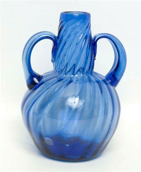 Vintage Cobalt Blue Optic Swirl Vase Double Handled Hand Blown Glass