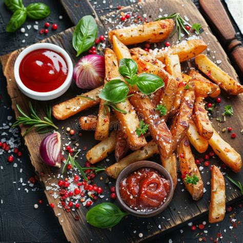 Gourmet Seasoned French Fries With Dipping Sauce On A Rustic Background