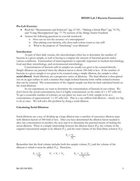BIO101 Lab 3 Bacteria Enumeration Pre Lab Exercise â Read the