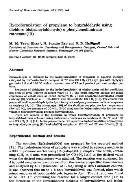 Hydroformylation Of Propylene Pdf Catalysis Chemical Compounds