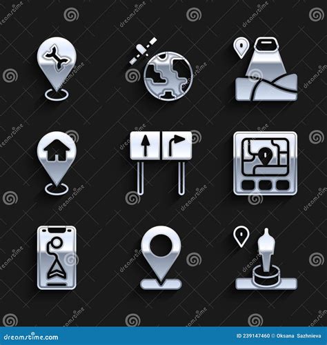 Set Road Traffic Sign Location And Monument Gps Device With Map City Navigation House