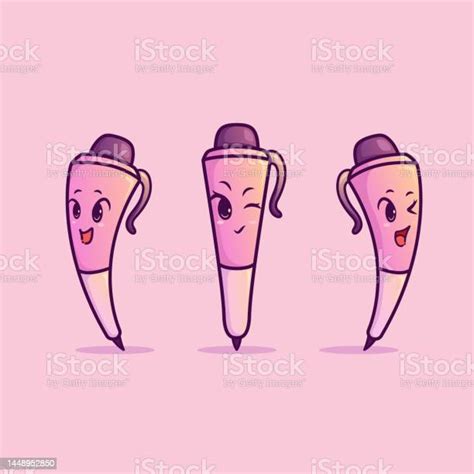귀여운 사랑스러운 만화 문구 핑크 펜 연필 소녀 그림 스티커 아이콘 마스코트와 로고 0명에 대한 스톡 벡터 아트 및 기타 이미지