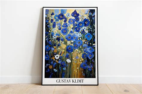 Gustave Klimt Blue Flower Art Nouveau Poster Botanical Print Etsy