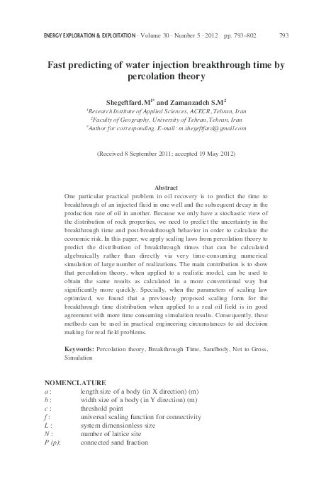 Pdf Fast Predicting Of Water Injection Breakthrough Time By