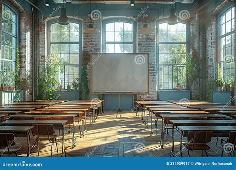 A Classroom With A Large Interactive Whiteboard And Neatly Arranged Desks Royalty Free Stock