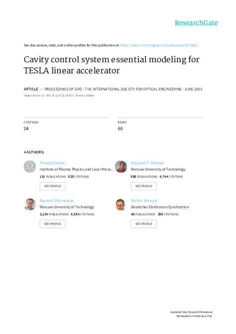 Pdf Cavity Control System Essential Modeling For The Tesla Linear Accelerator