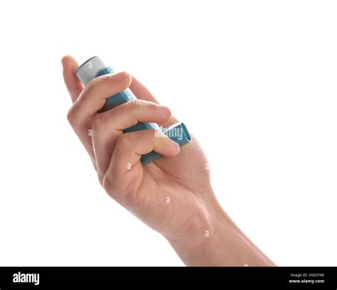 Man Holding Asthma Inhaler On White Background Closeup Stock Photo Alamy