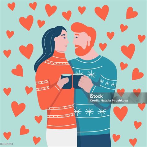 발렌타인 데이 카드 커플 포옹 빨간 수염을 가진 남자와 어두운 머리를 가진 여자는 웃으며 서로를 바라봅니다 플랫 벡터 그림입니다